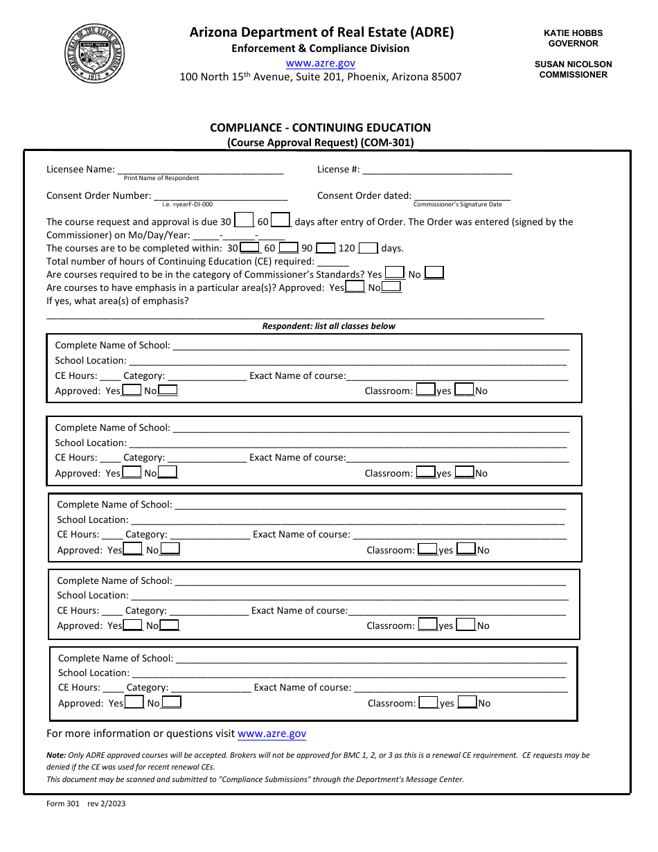 Form COM-301 Download Fillable PDF or Fill Online Compliance - Continuing Education, Course ...