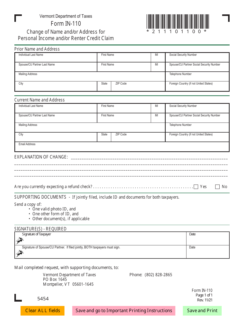 Form IN-110 - Fill Out, Sign Online and Download Fillable PDF, Vermont ...