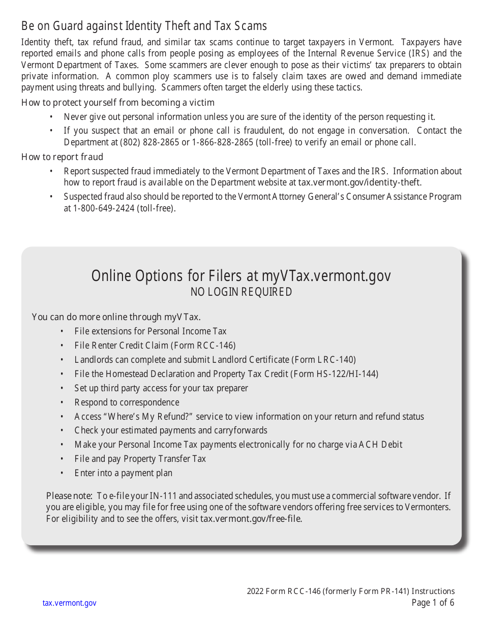 Download Instructions for Form RCC-146 Vermont Renter Credit Claim PDF ...
