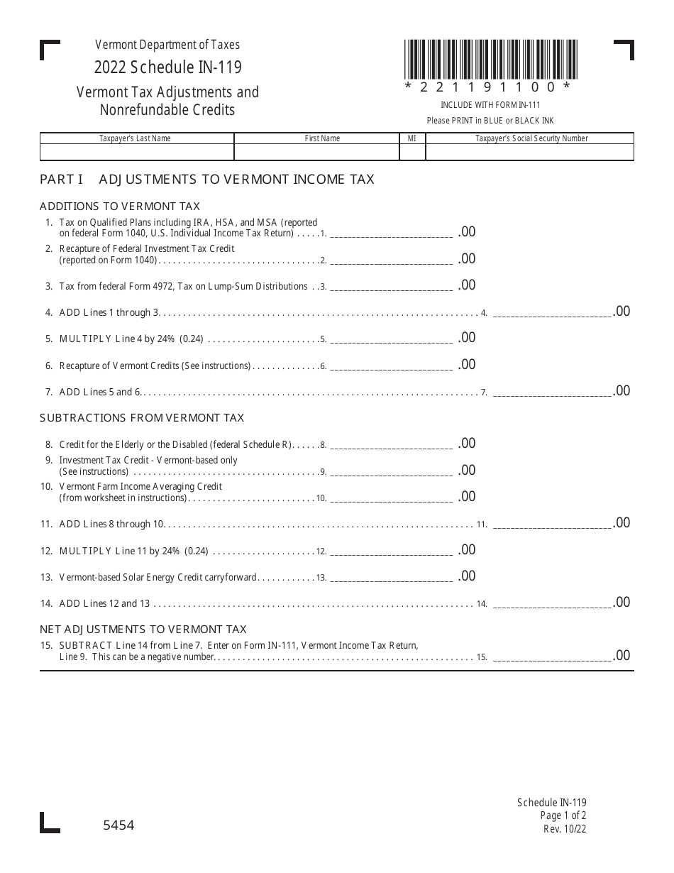 Schedule IN-119 Download Fillable PDF or Fill Online Vermont Tax ...