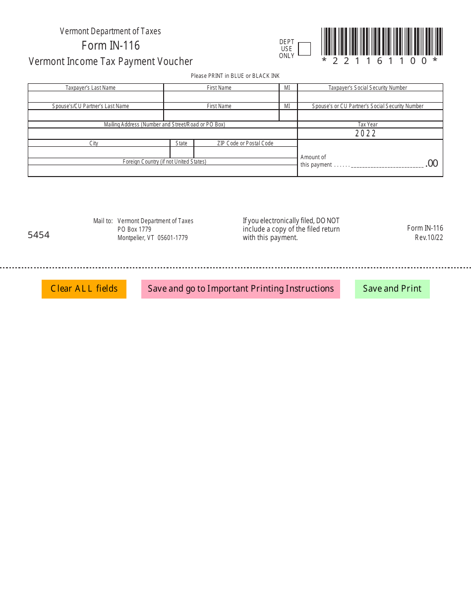 Form IN-116 Download Fillable PDF or Fill Online Vermont Income Tax ...
