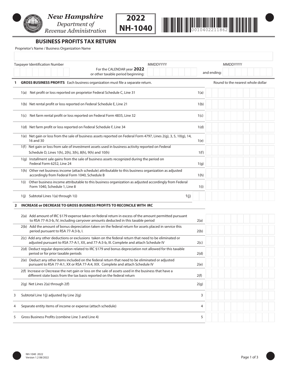 Form NH-1040 - 2022 - Fill Out, Sign Online and Download Fillable PDF ...