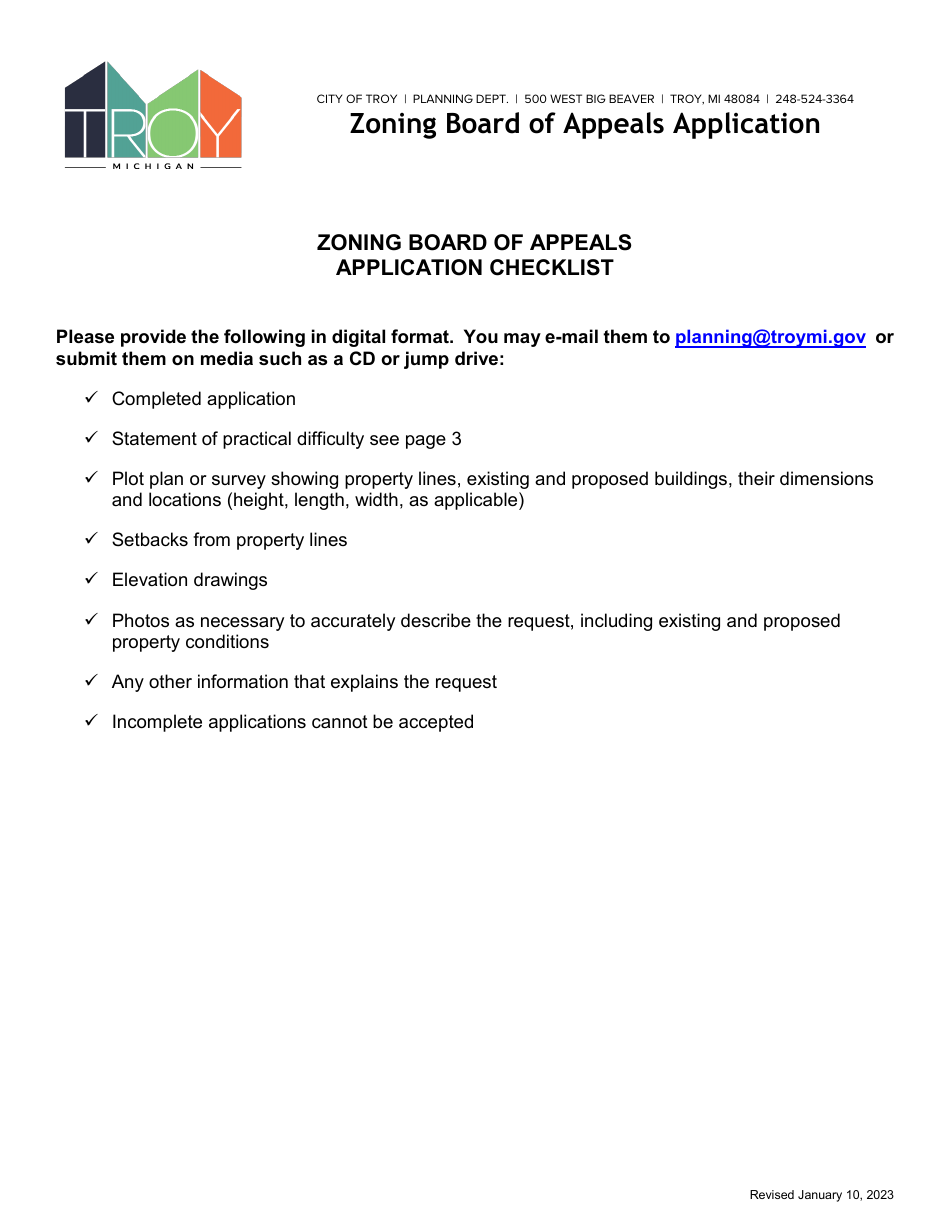 City of Troy, Michigan Zoning Board of Appeals Application - Fill Out, Sign Online and Download ...