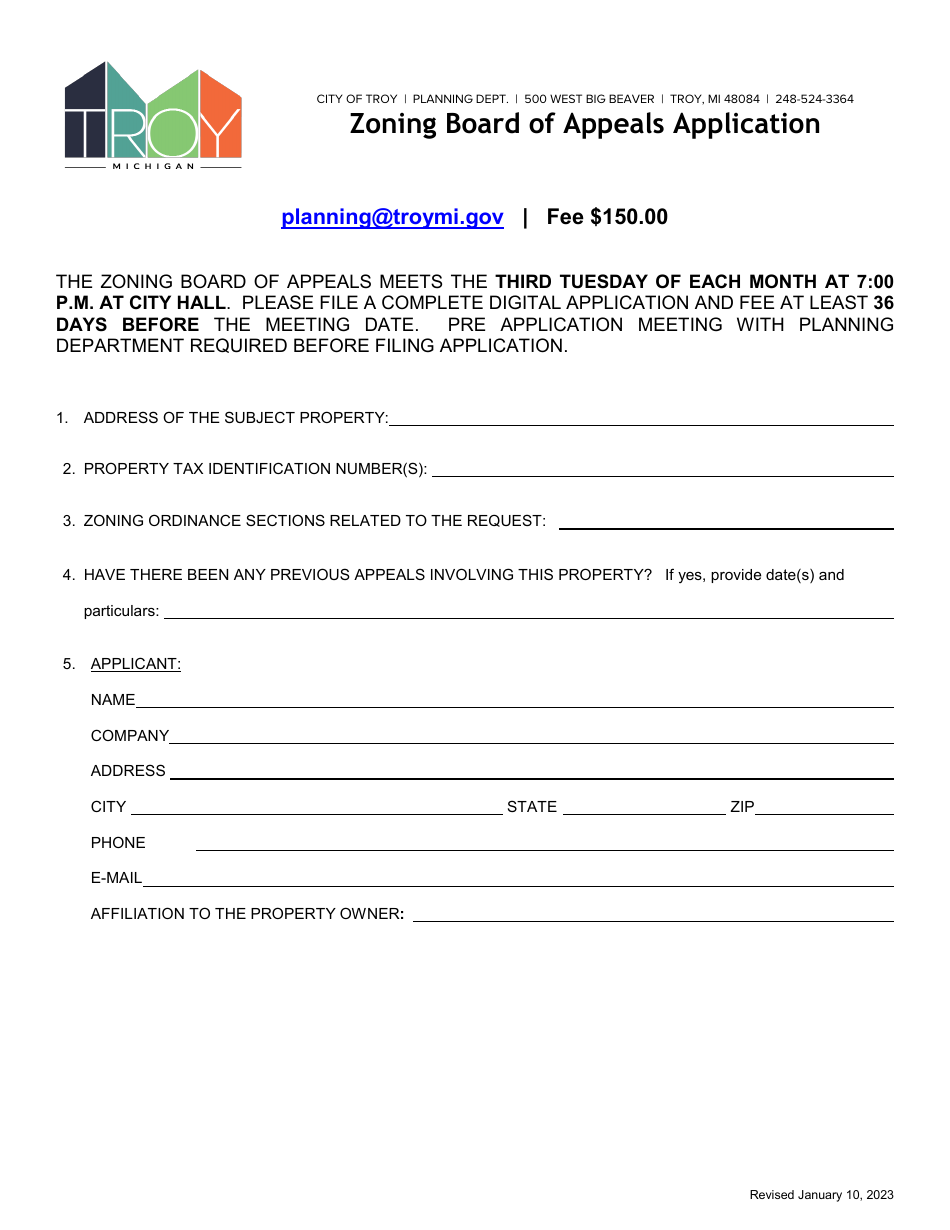 City of Troy, Michigan Zoning Board of Appeals Application - Fill Out ...