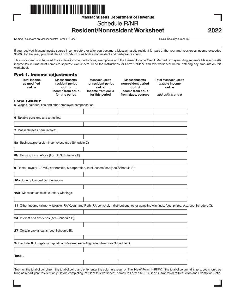 2022 Massachusetts Resident/Nonresident Worksheet - Fill Out, Sign Online and Download PDF ...