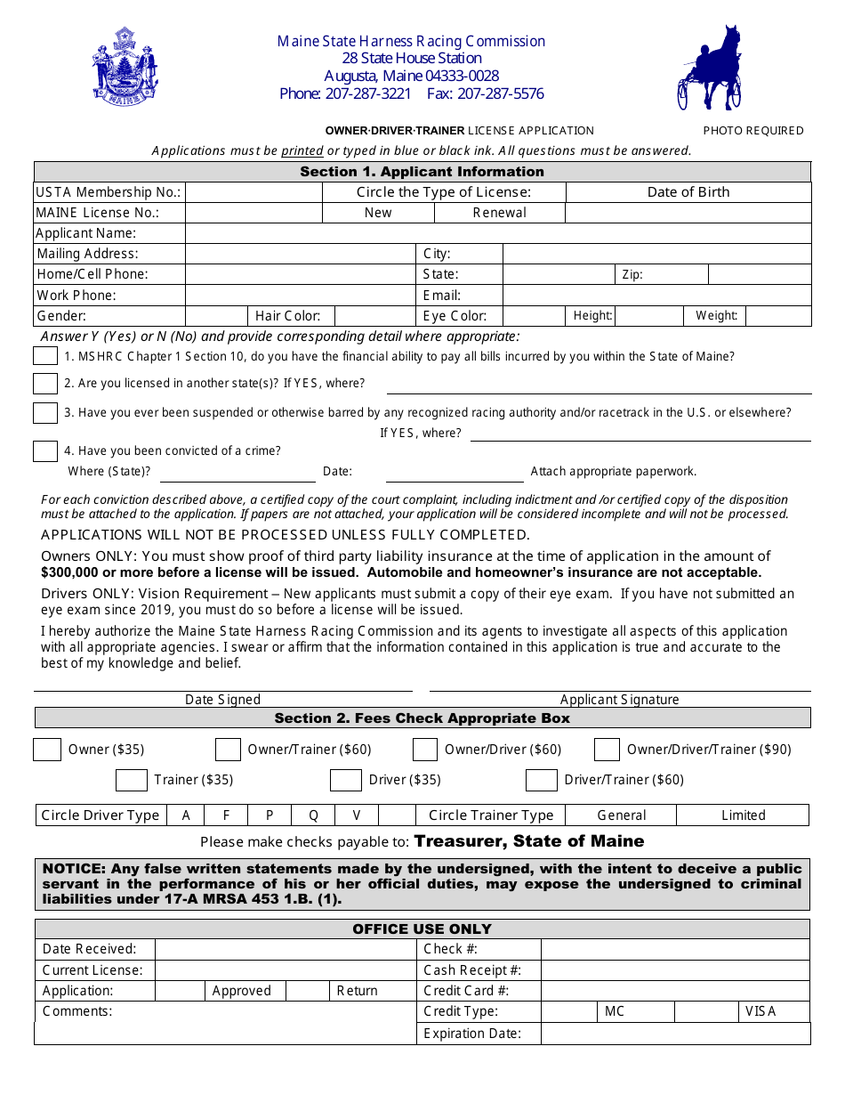 Maine Owner/Driver/Trainer License Application - Fill Out, Sign Online ...