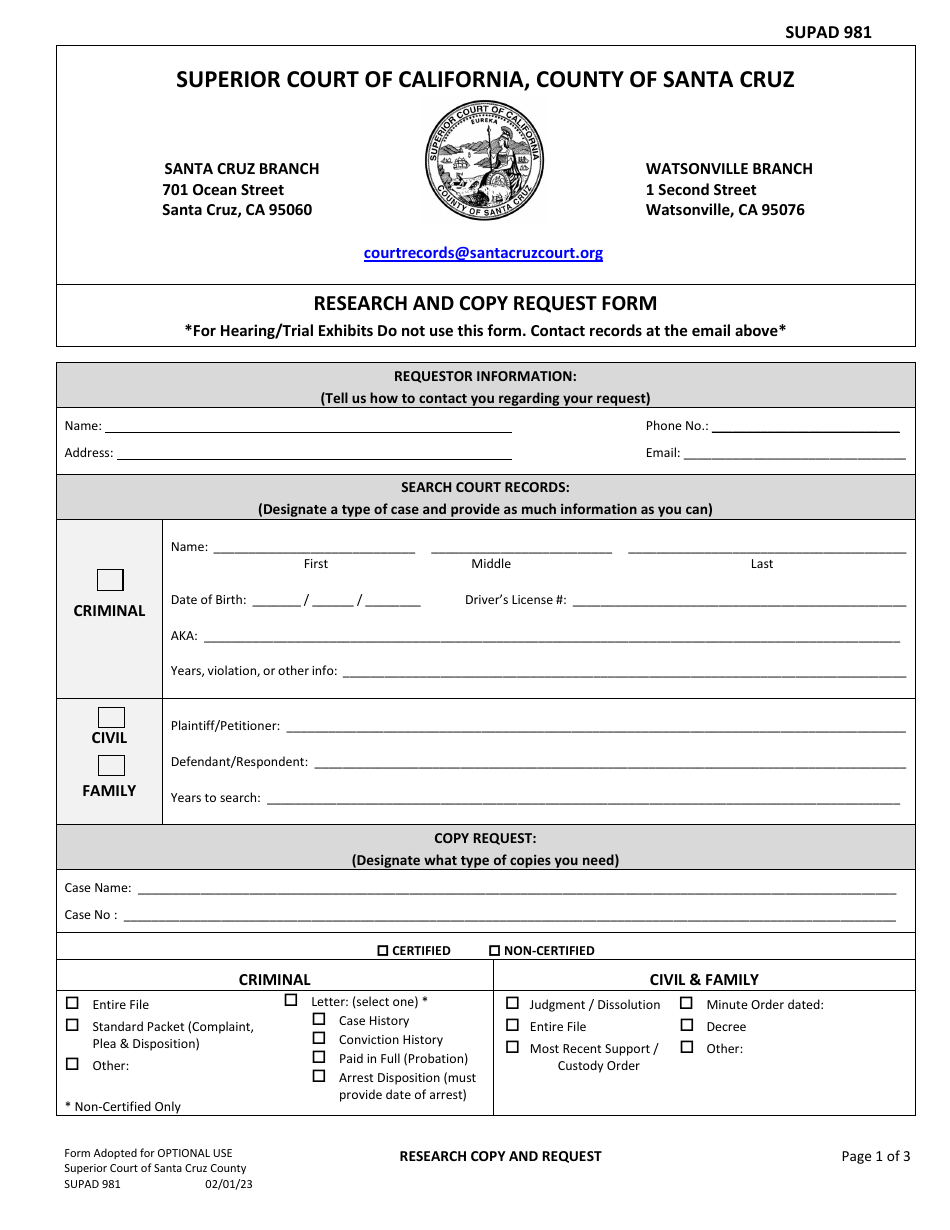 Form SUPAD981 - Fill Out, Sign Online and Download Fillable PDF, Santa ...