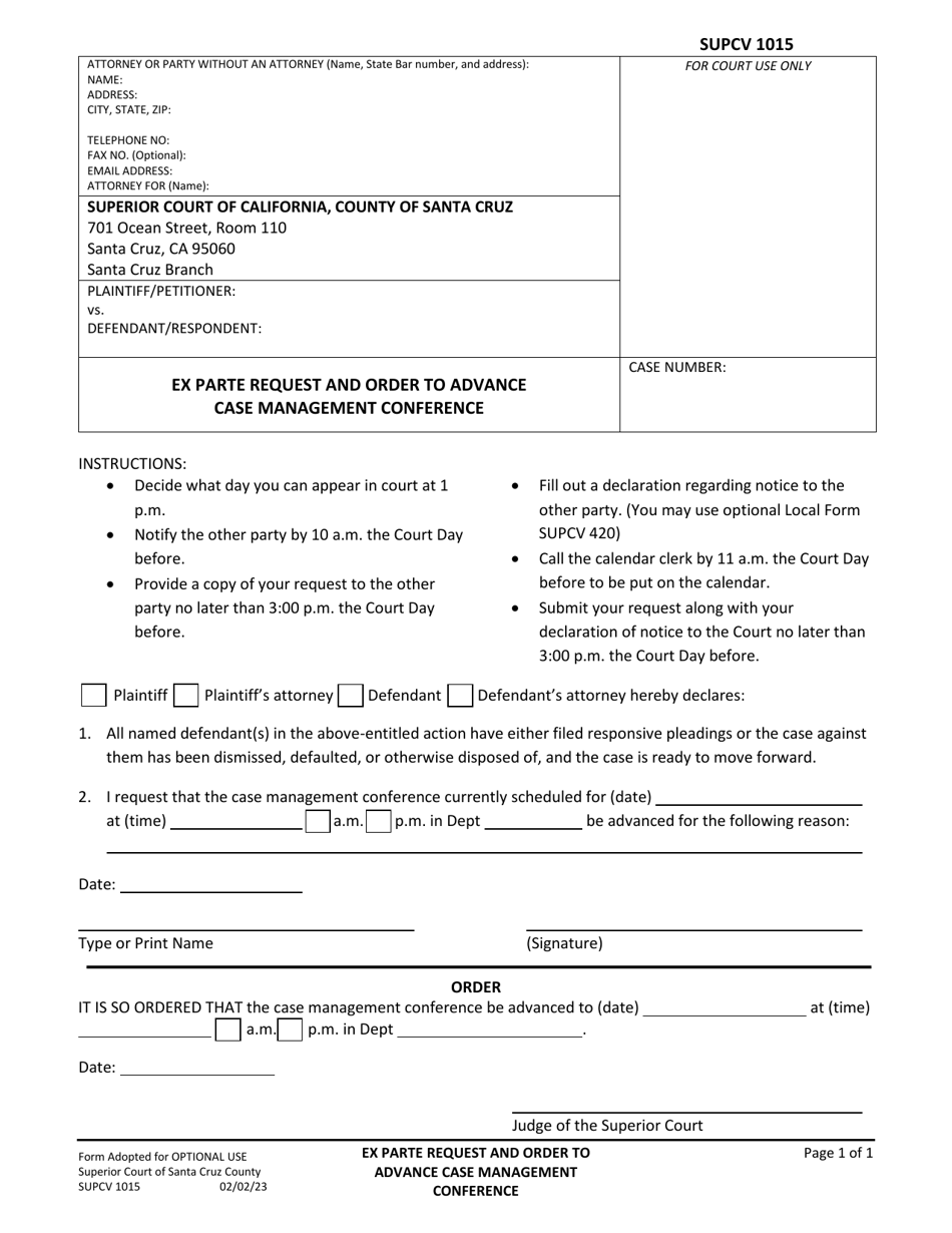 Form SUPCV1015 - Fill Out, Sign Online and Download Fillable PDF, Santa ...
