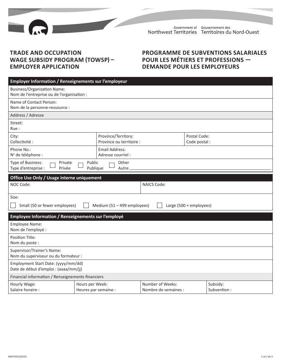 Form NWT9315 Download Printable PDF or Fill Online Employer Application ...