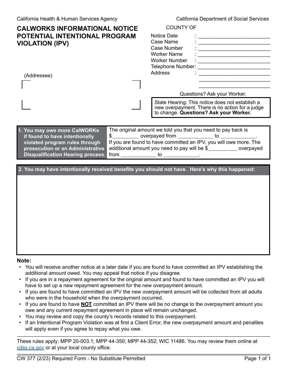 Form CW377 - Fill Out, Sign Online and Download Fillable PDF ...