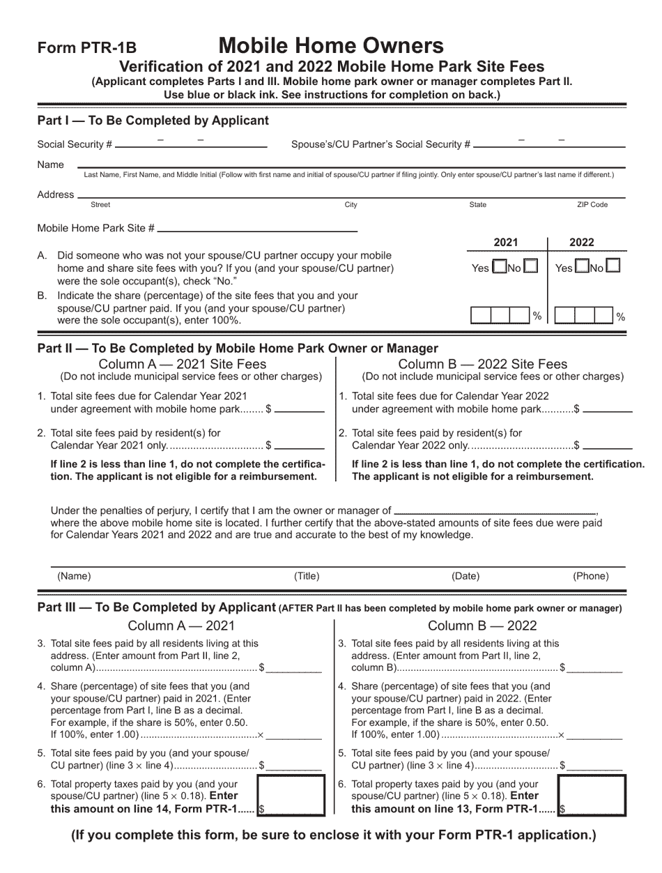 Form PTR-1B Download Fillable PDF or Fill Online Mobile Home Owners ...