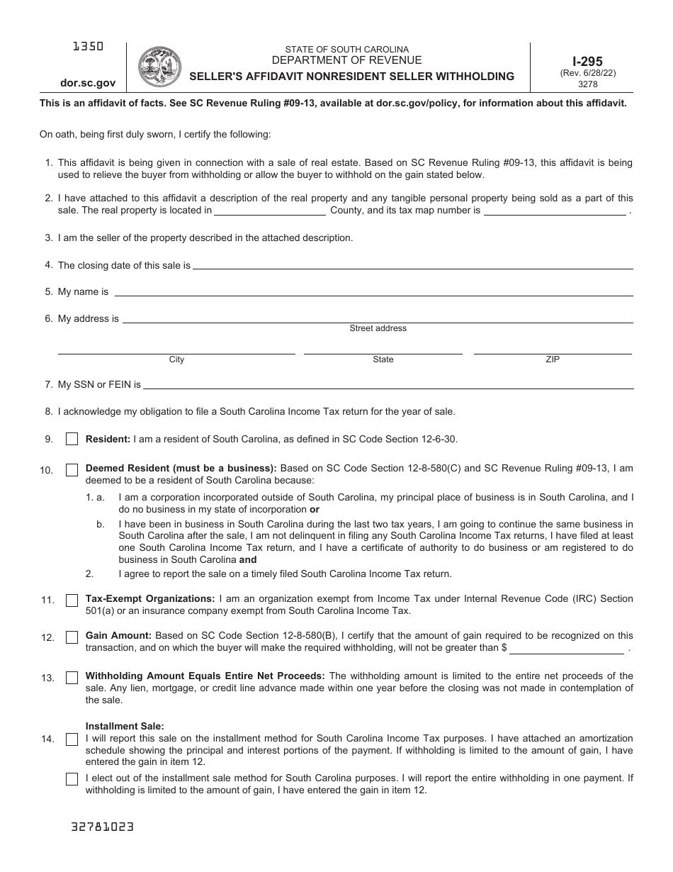 Form I-295 Download Printable PDF or Fill Online Seller's Affidavit ...
