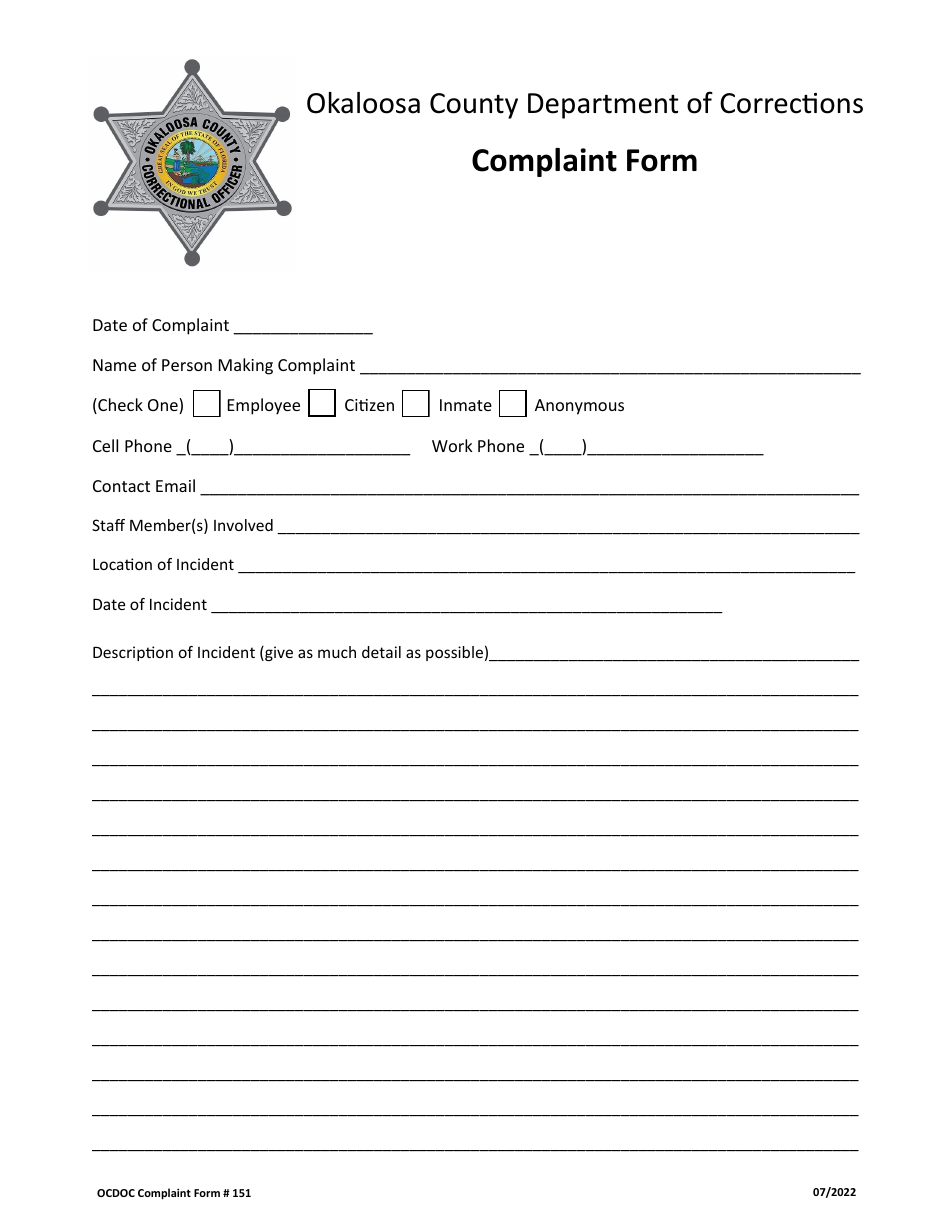 Form 151 - Fill Out, Sign Online and Download Fillable PDF, Okaloosa ...