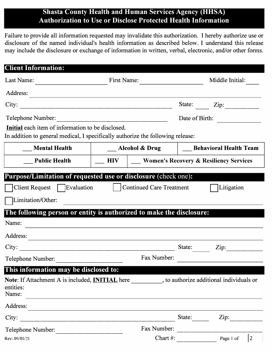 Shasta County, California Authorization to Use or Disclose Protected Health Information - Fill ...