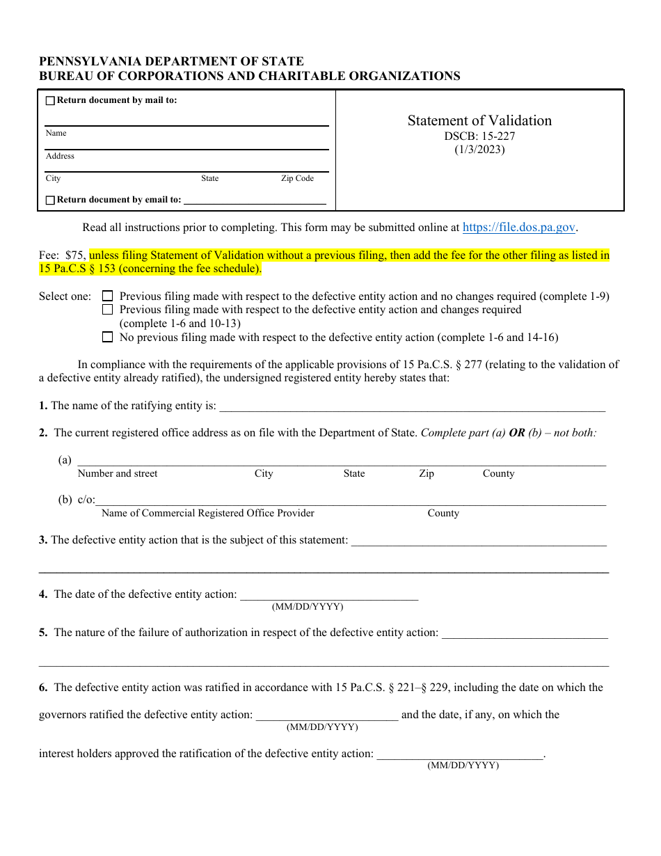 Form DSCB:15-227 - Fill Out, Sign Online and Download Fillable PDF ...