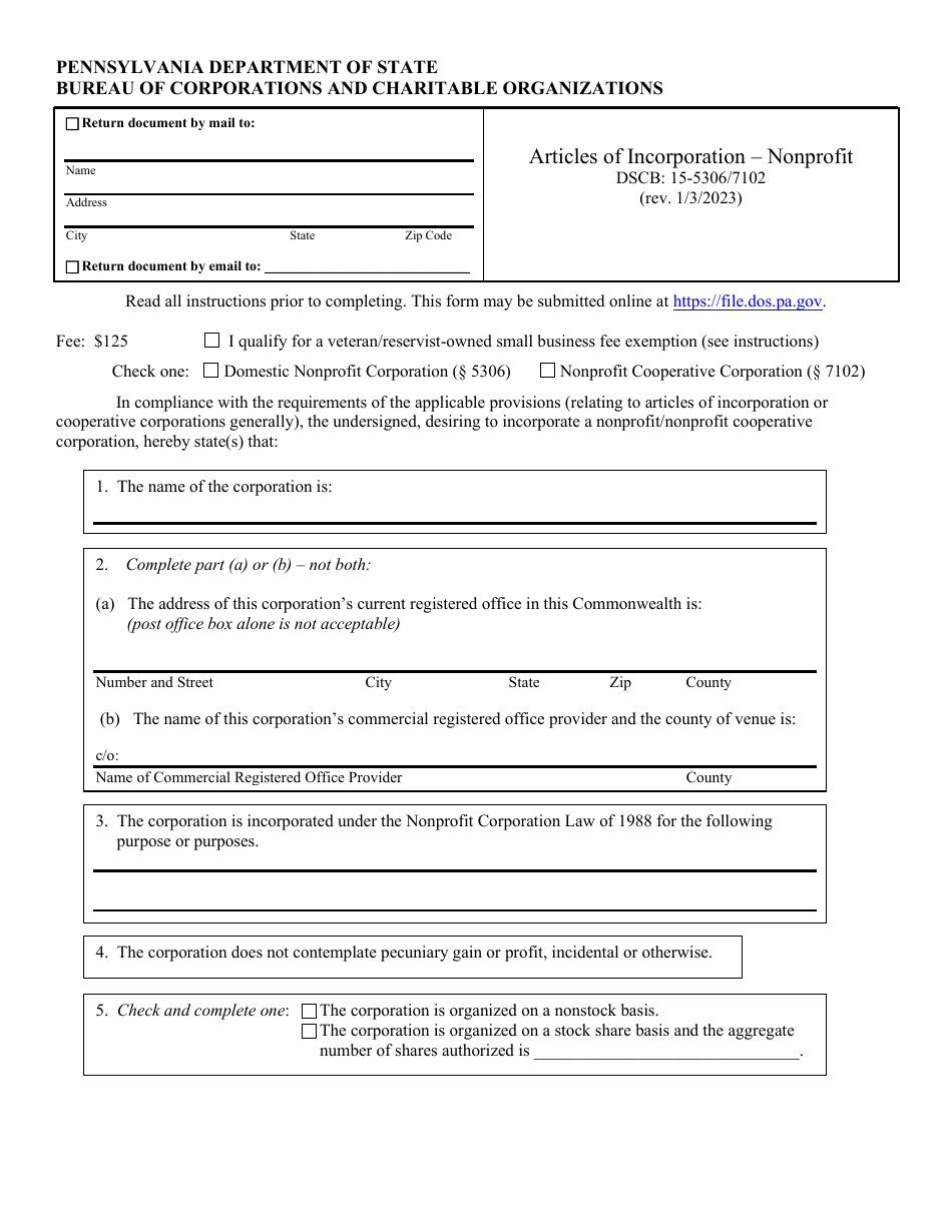 Form DSCB:15-5306/7102 Download Fillable PDF or Fill Online Articles of ...