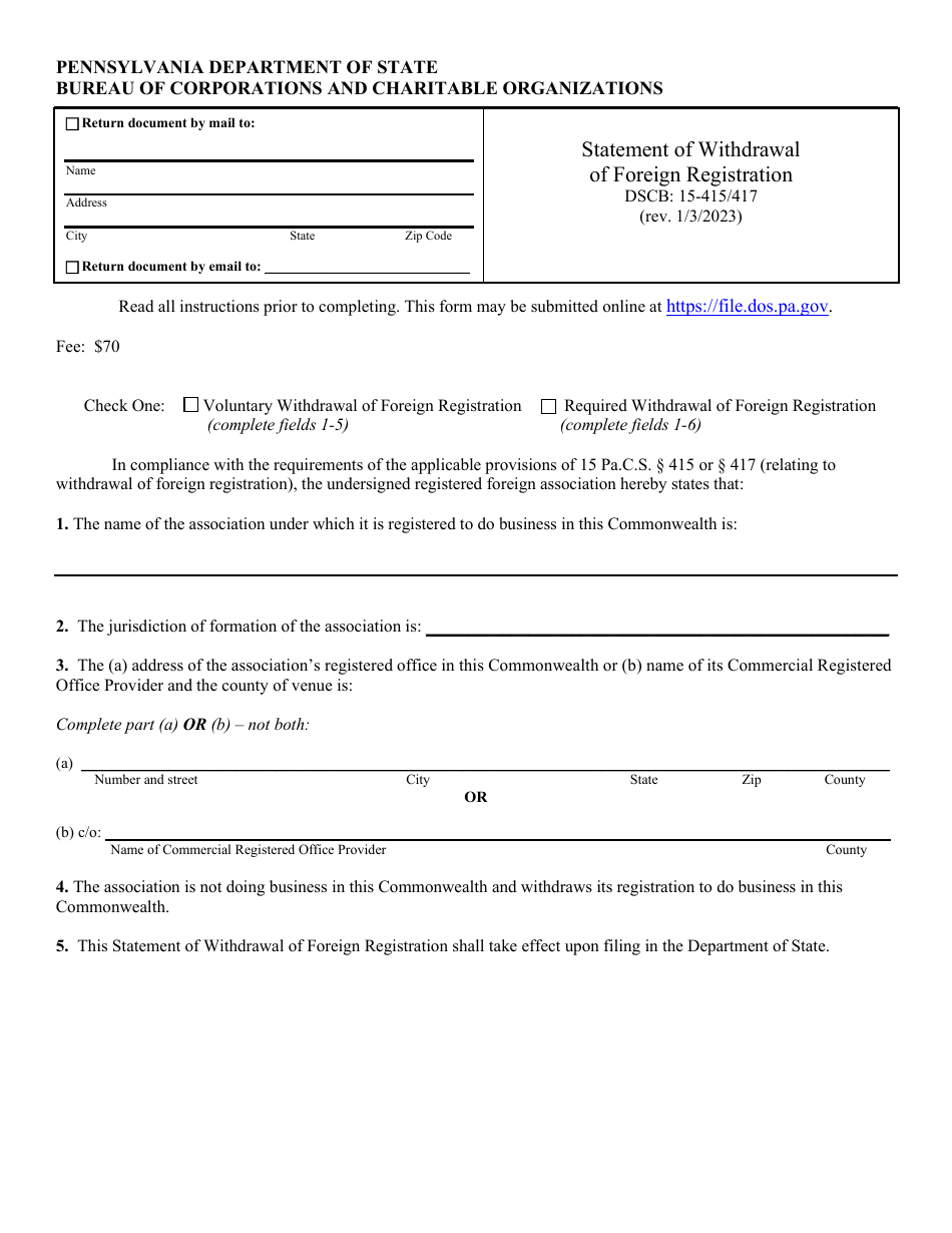 Form DSCB:15-415/417 Download Fillable PDF or Fill Online Statement of ...