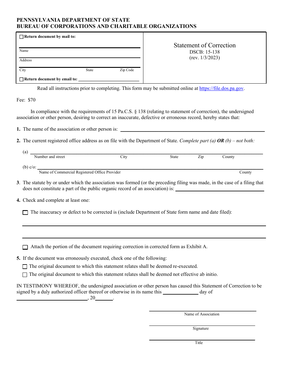 Form DSCB:15-138 Download Fillable PDF or Fill Online Statement of ...