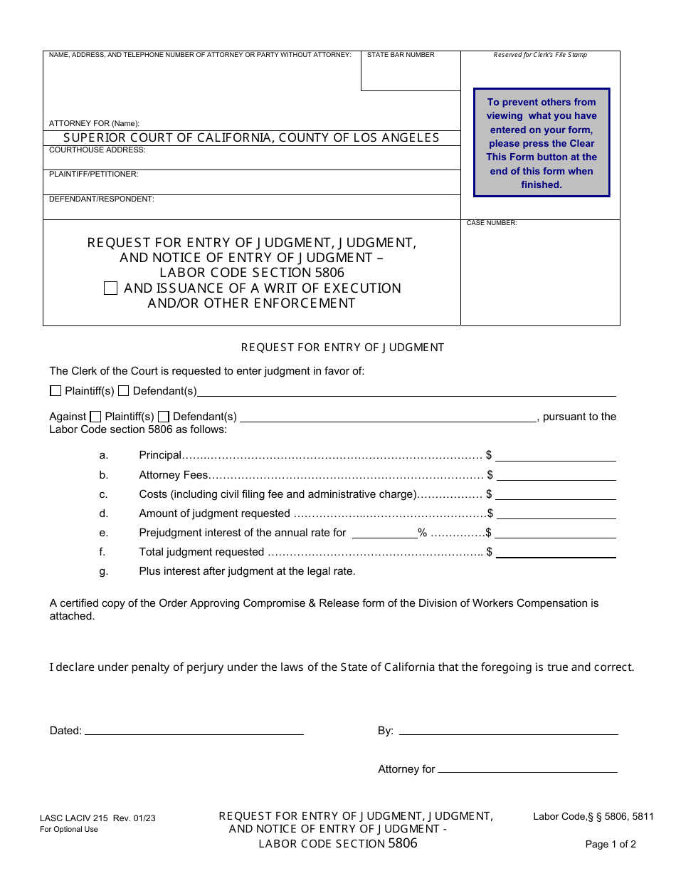 Form LACIV215 Download Fillable PDF or Fill Online Request for Entry of ...