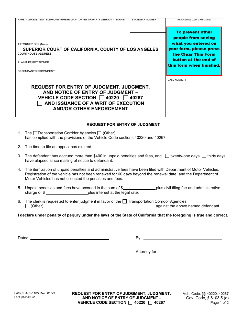Form LACIV185 - Fill Out, Sign Online and Download Fillable PDF, County ...