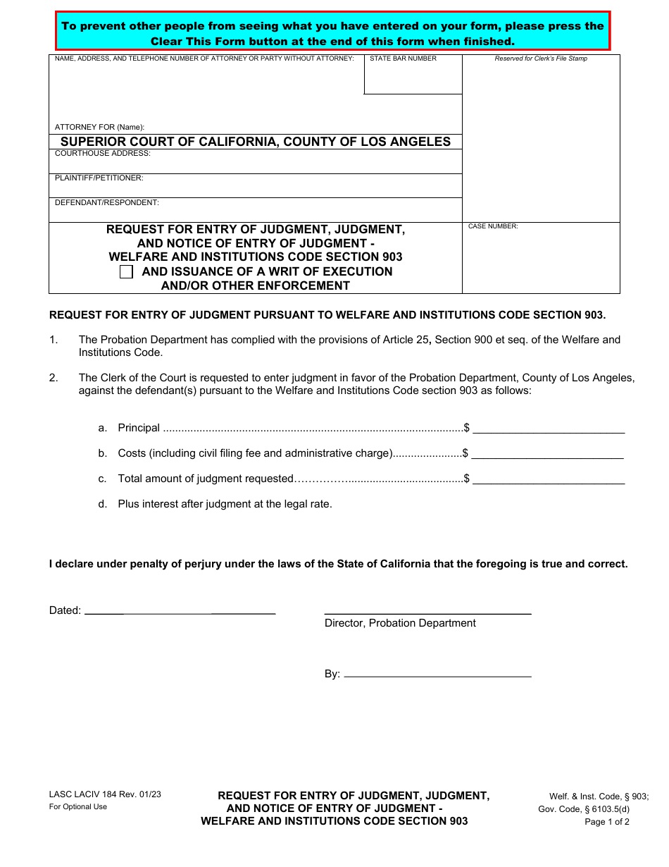 Form LACIV184 - Fill Out, Sign Online and Download Fillable PDF, County ...