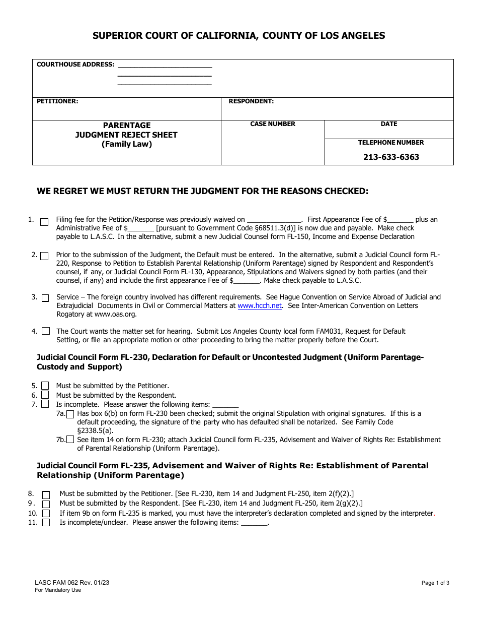 Form FAM062 Download Fillable PDF or Fill Online Parentage Judgment ...