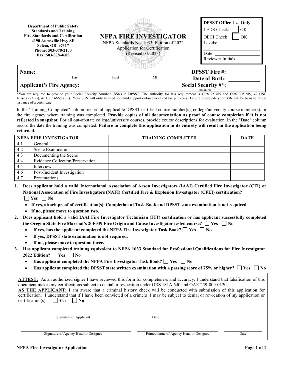 Oregon NFPA Fire Investigator Application for Certification Download ...