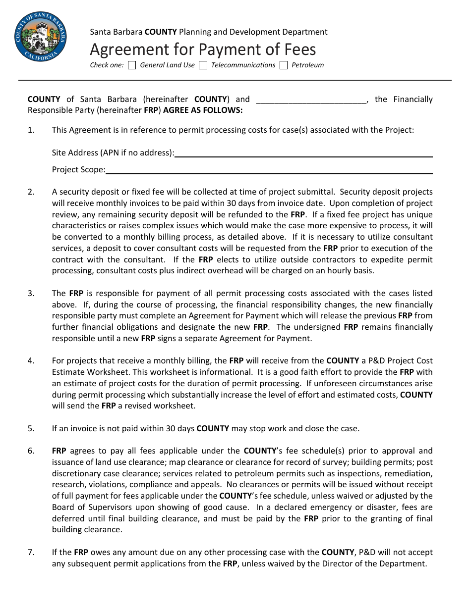 County of Santa Barbara, California Agreement for Payment of Fees ...