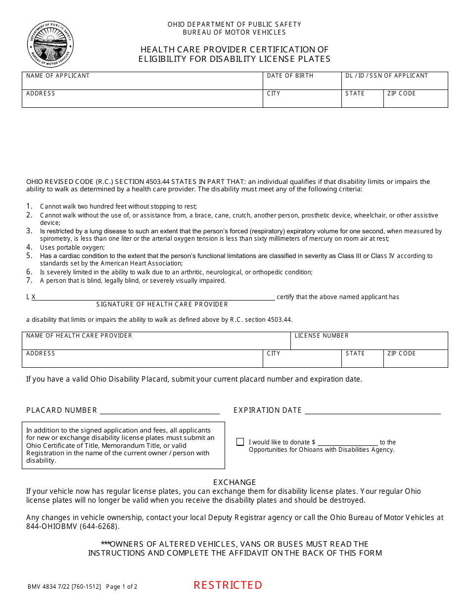 Form BMV4834 - Fill Out, Sign Online and Download Printable PDF, Ohio ...