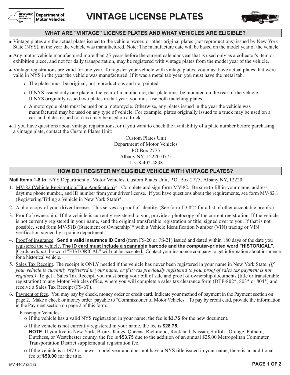 Form MV-440V Download Fillable PDF or Fill Online Vintage License ...