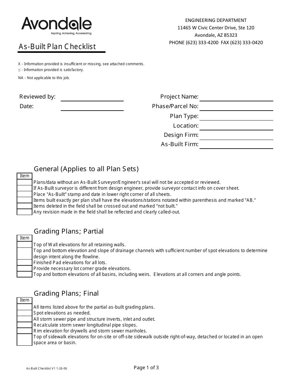 City of Avondale, Arizona As-Built Plan Checklist - Fill Out, Sign ...