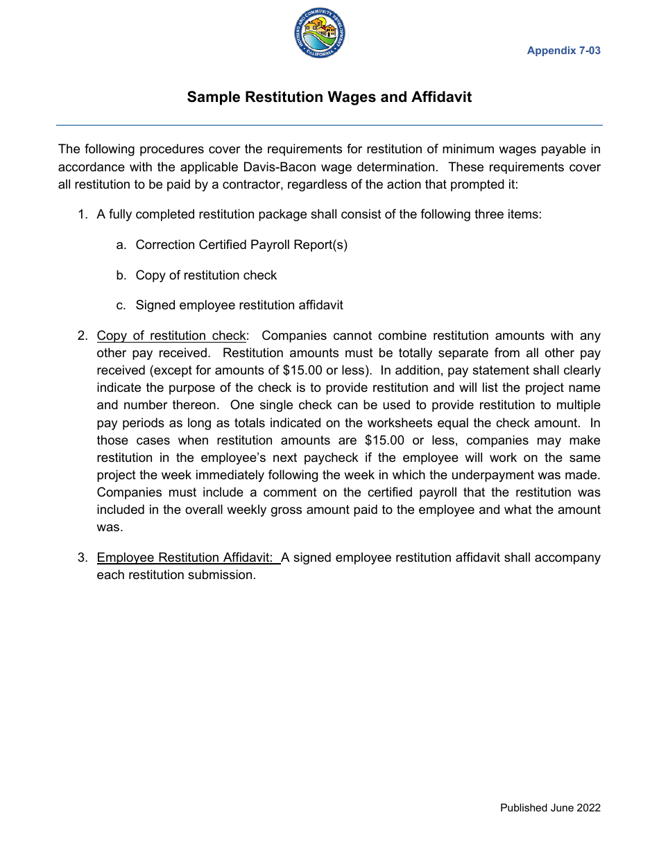 California Employee Restitution Affidavit - Community Development Block ...