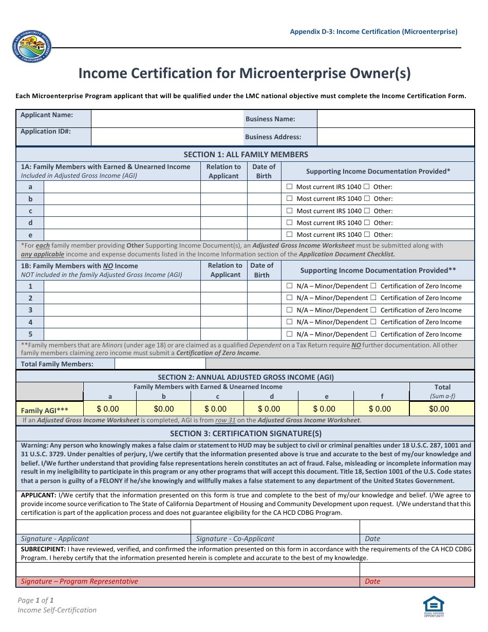 California Income Certification for Microenterprise Owner(S ...