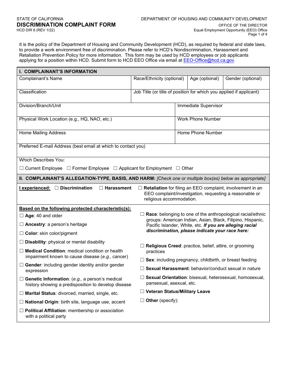 Form HCD DIR8 - Fill Out, Sign Online and Download Printable PDF ...