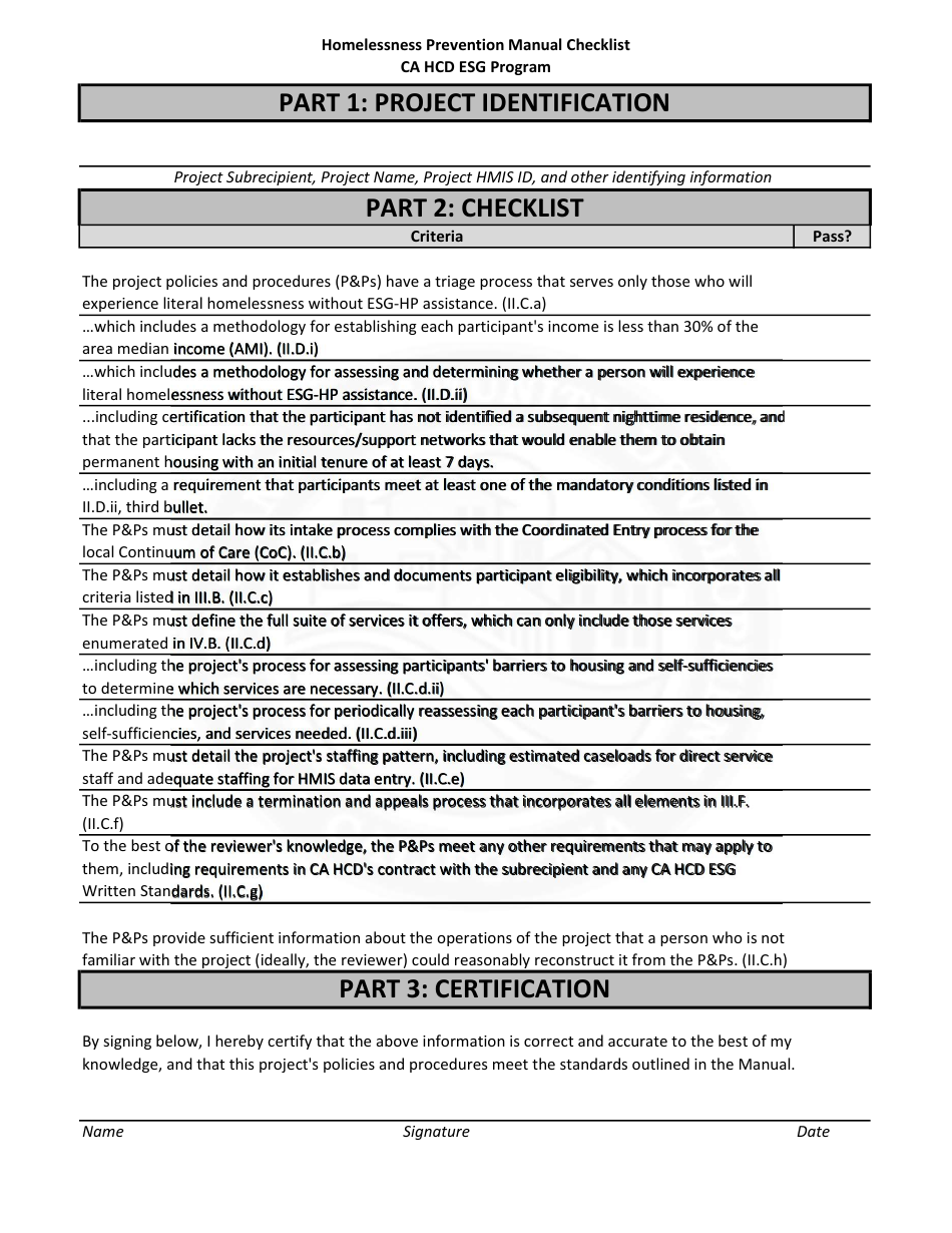 California Homelessness Prevention Manual Checklist - Ca Hcd Esg ...