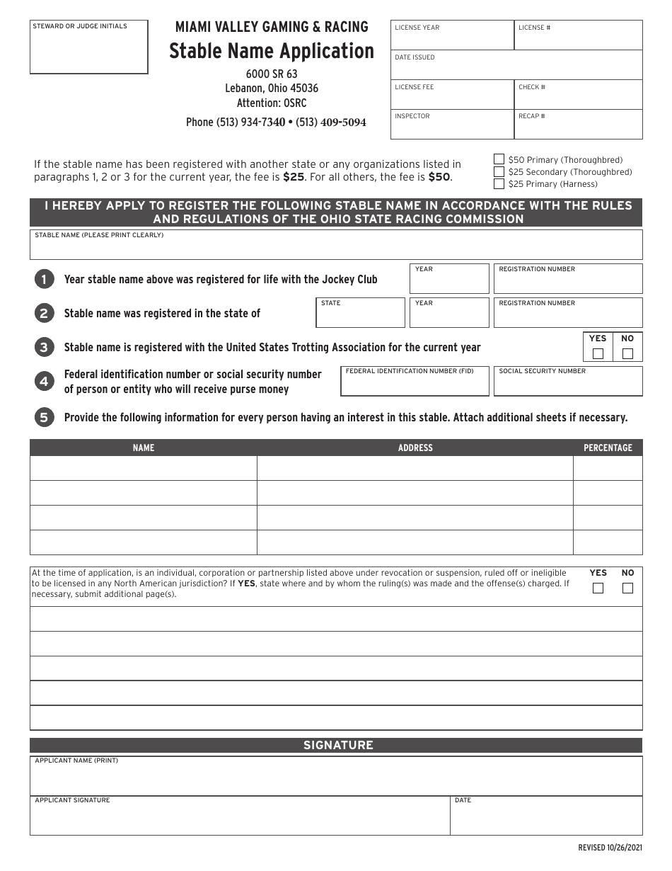 Ohio Stable Name Application - Miami Valley Gaming & Racing - Fill Out ...