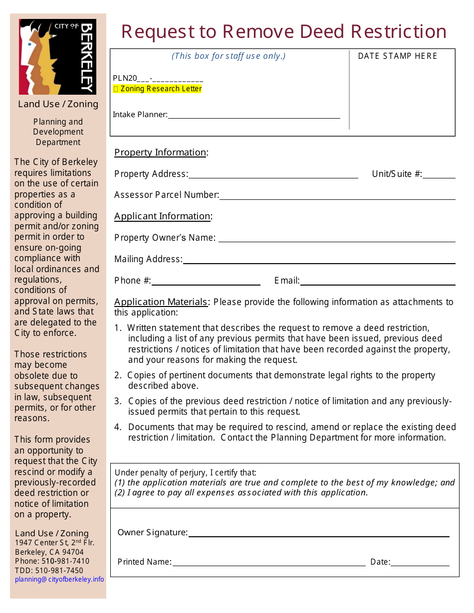 City of Berkeley, California Application to Remove Deed Restriction ... City of Berkeley, California Application to Remove Deed Restriction ...
