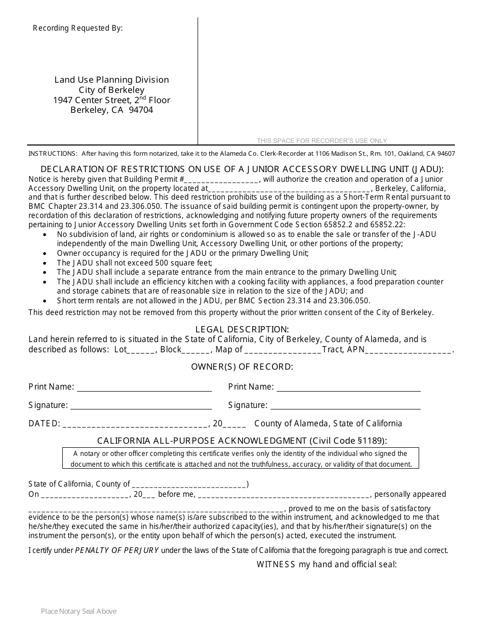 City of Berkeley, California Declaration of Restrictions on Use of a ...