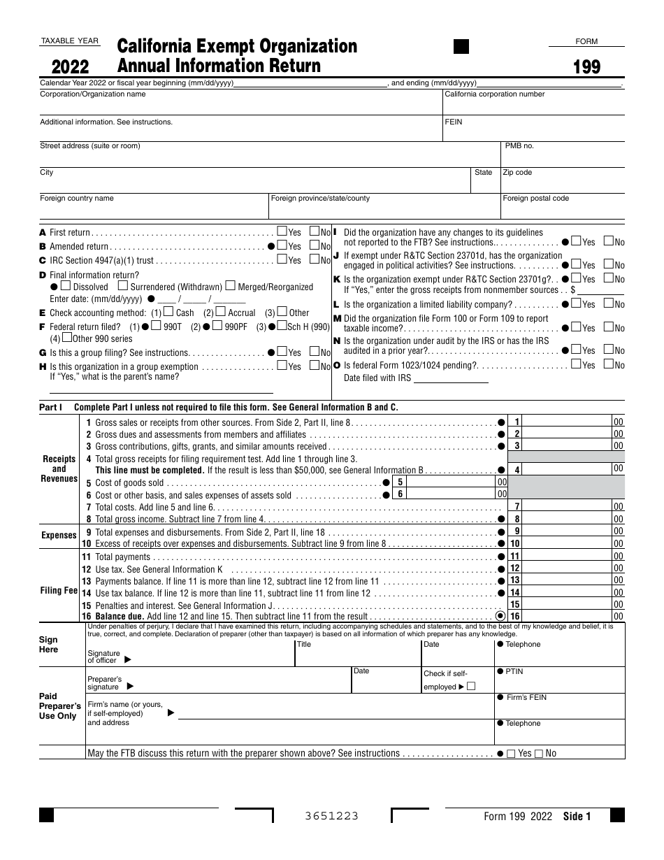 Form 199 Download Fillable PDF or Fill Online California Exempt ...
