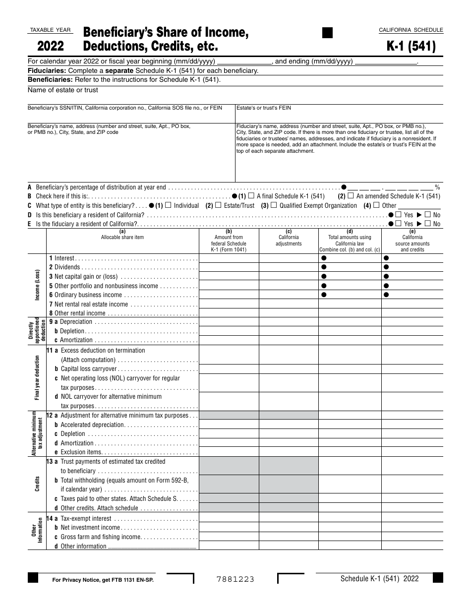 Form 541 Schedule K-1 Download Fillable PDF or Fill Online Beneficiary ...