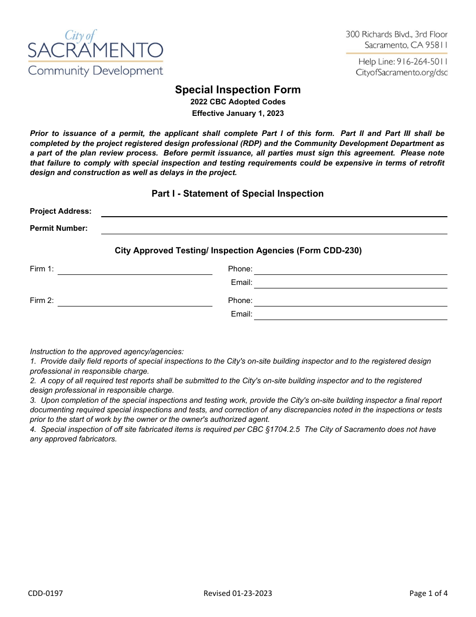 Form CDD-0197 Download Fillable PDF or Fill Online Special Inspection ...