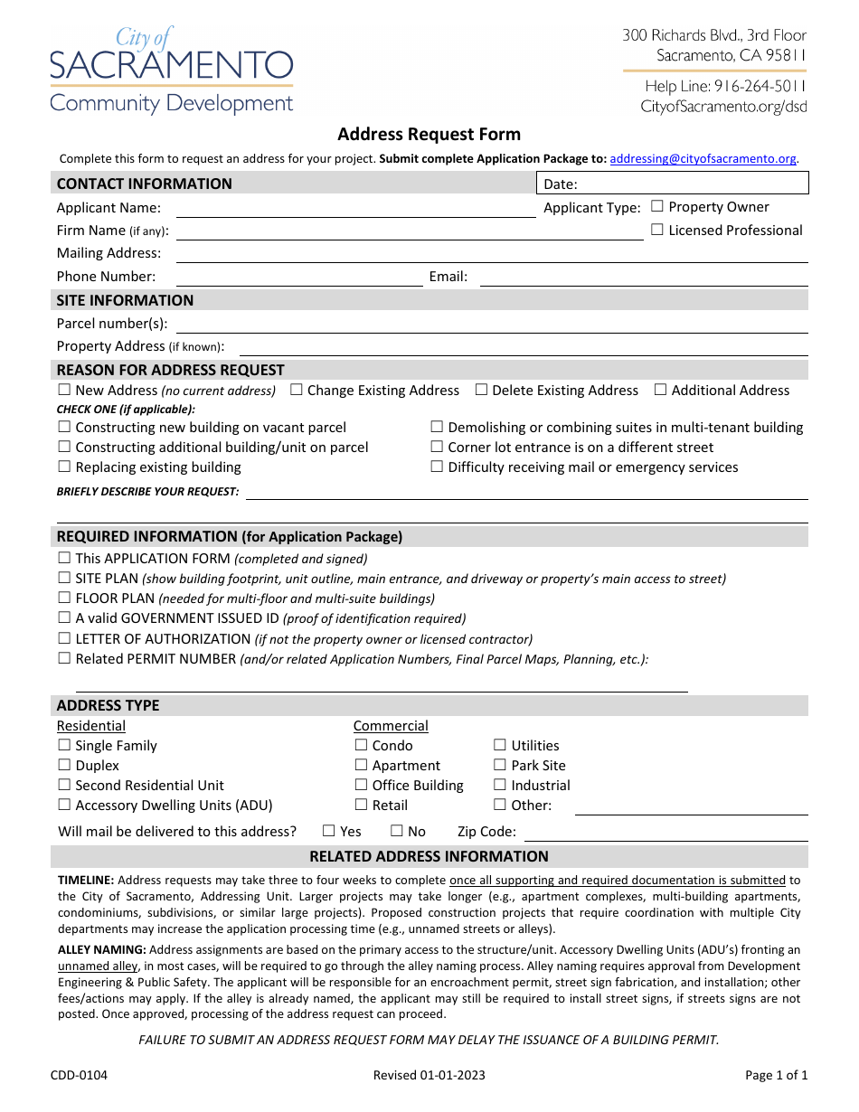 Form CDD-0104 Download Fillable PDF or Fill Online Address Request Form ...