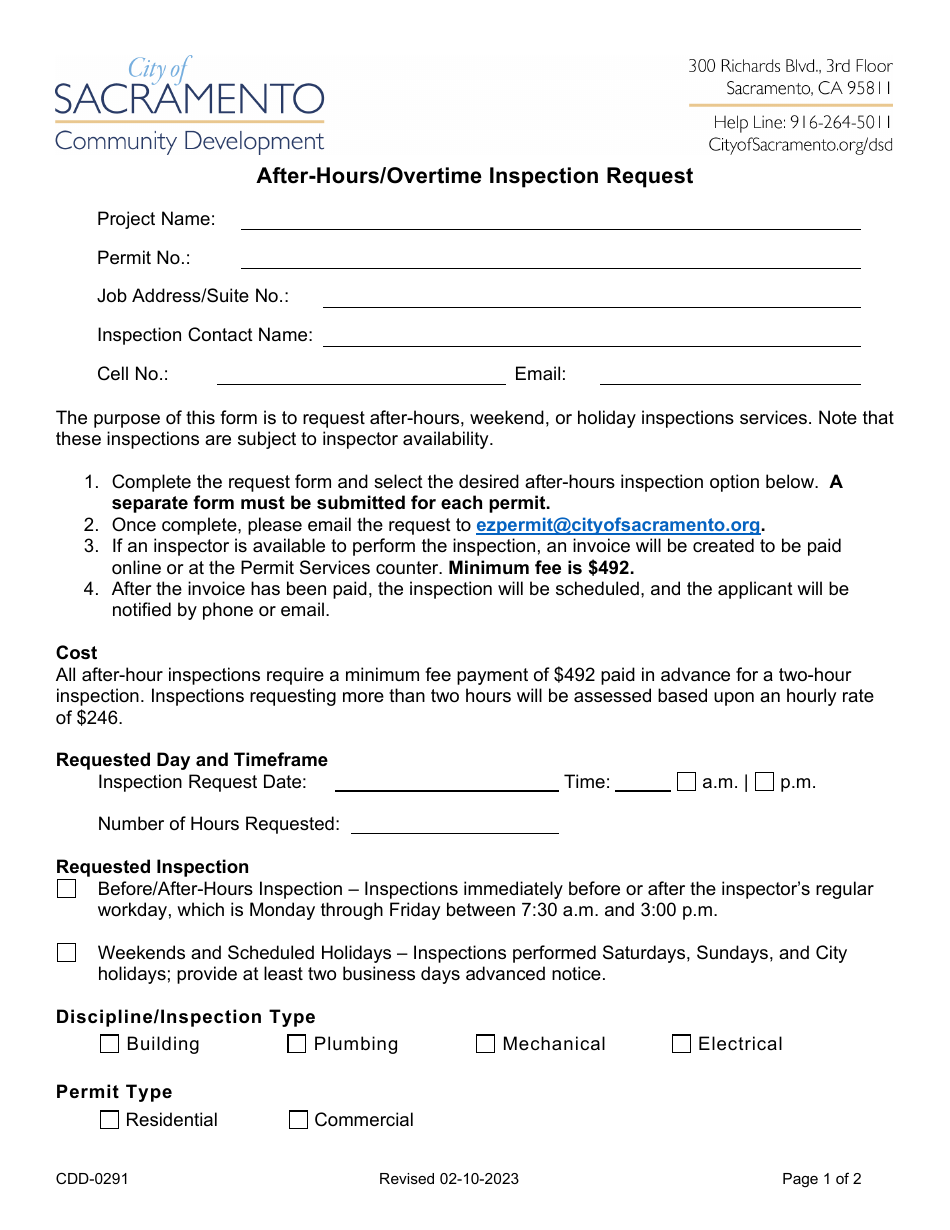 Form CDD-0291 Download Fillable PDF or Fill Online After-Hours/Overtime ...