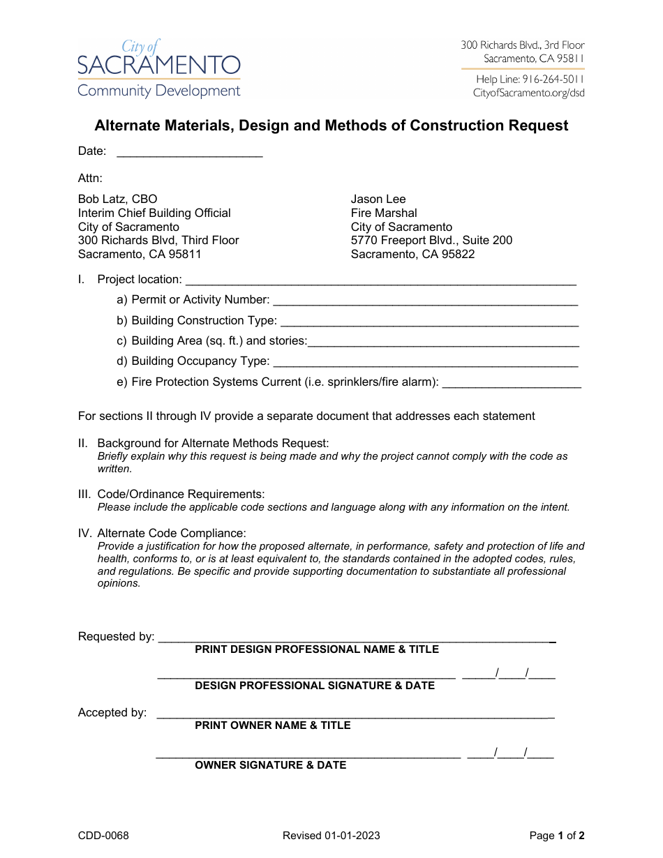 Form CDD-0068 Download Fillable PDF or Fill Online Alternate Materials ...