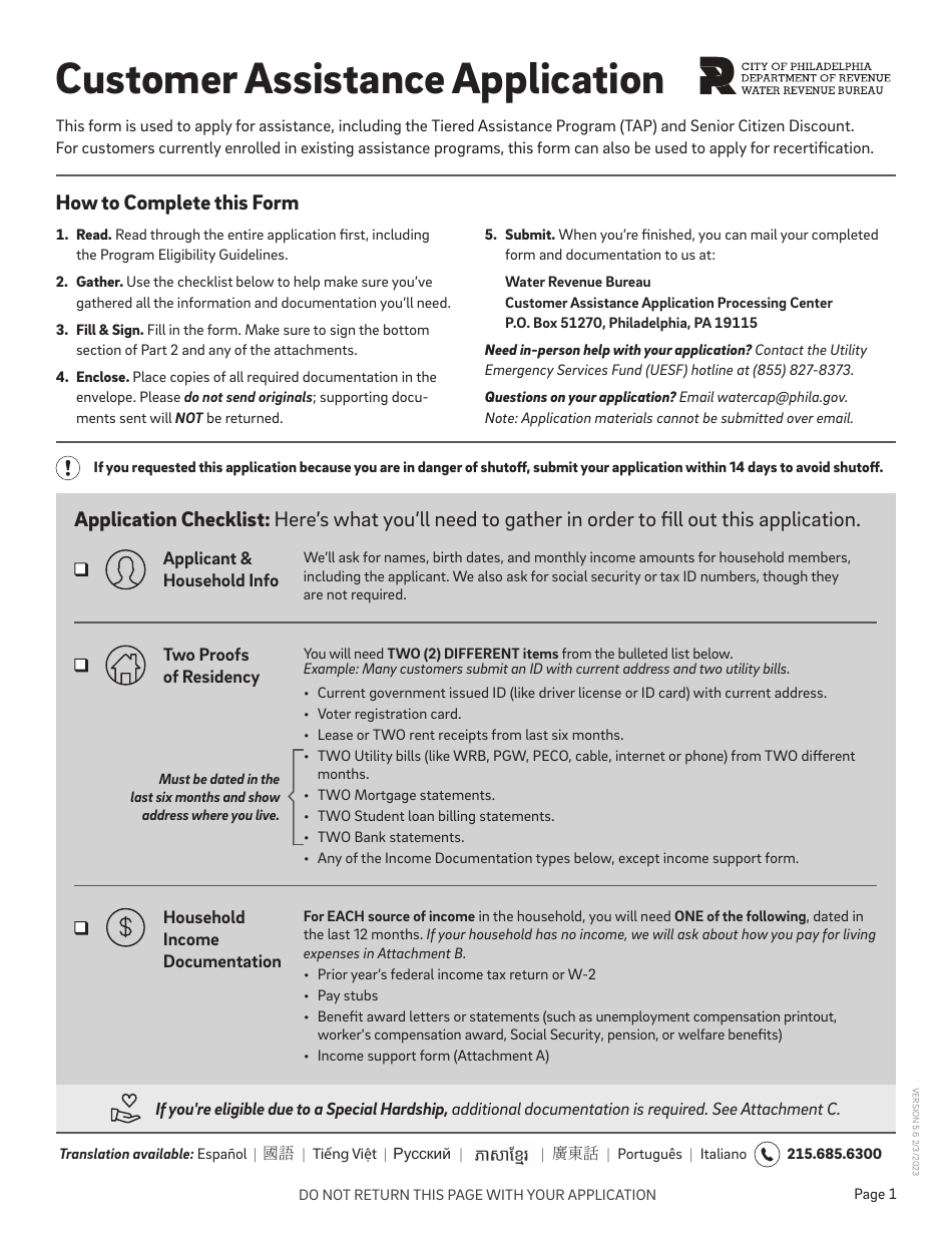 City of Philadelphia, Pennsylvania Customer Assistance Application ...