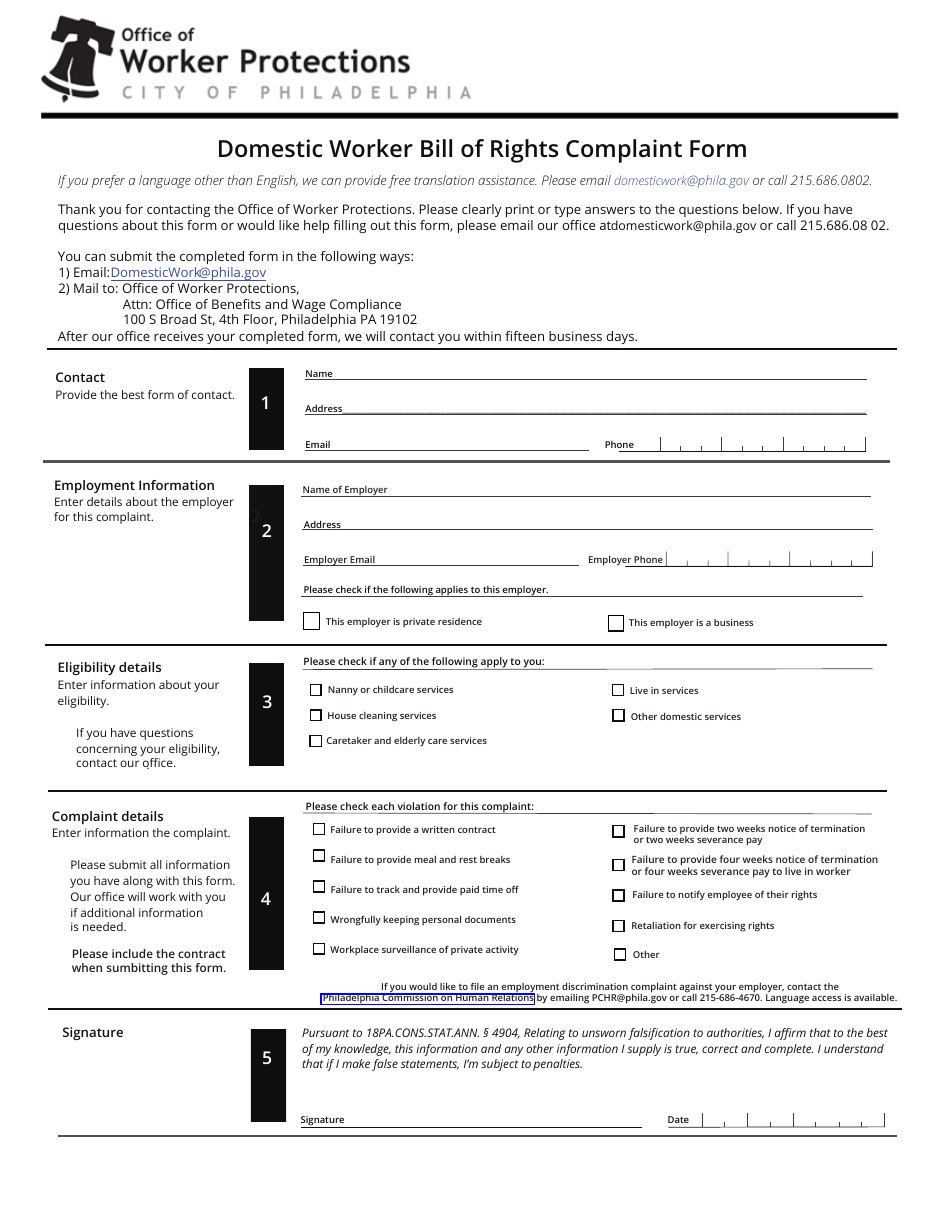 City of Philadeplhia, Pennsylvania Domestic Worker Bill of Rights ...