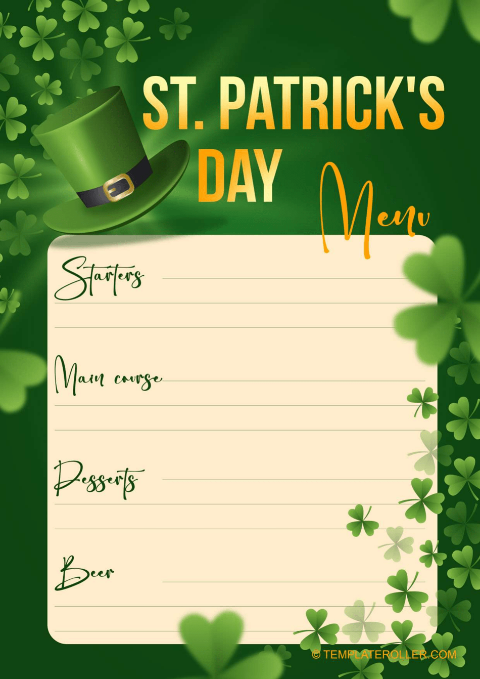 St. Patrick's Day Menu Template Download Printable PDF | Templateroller