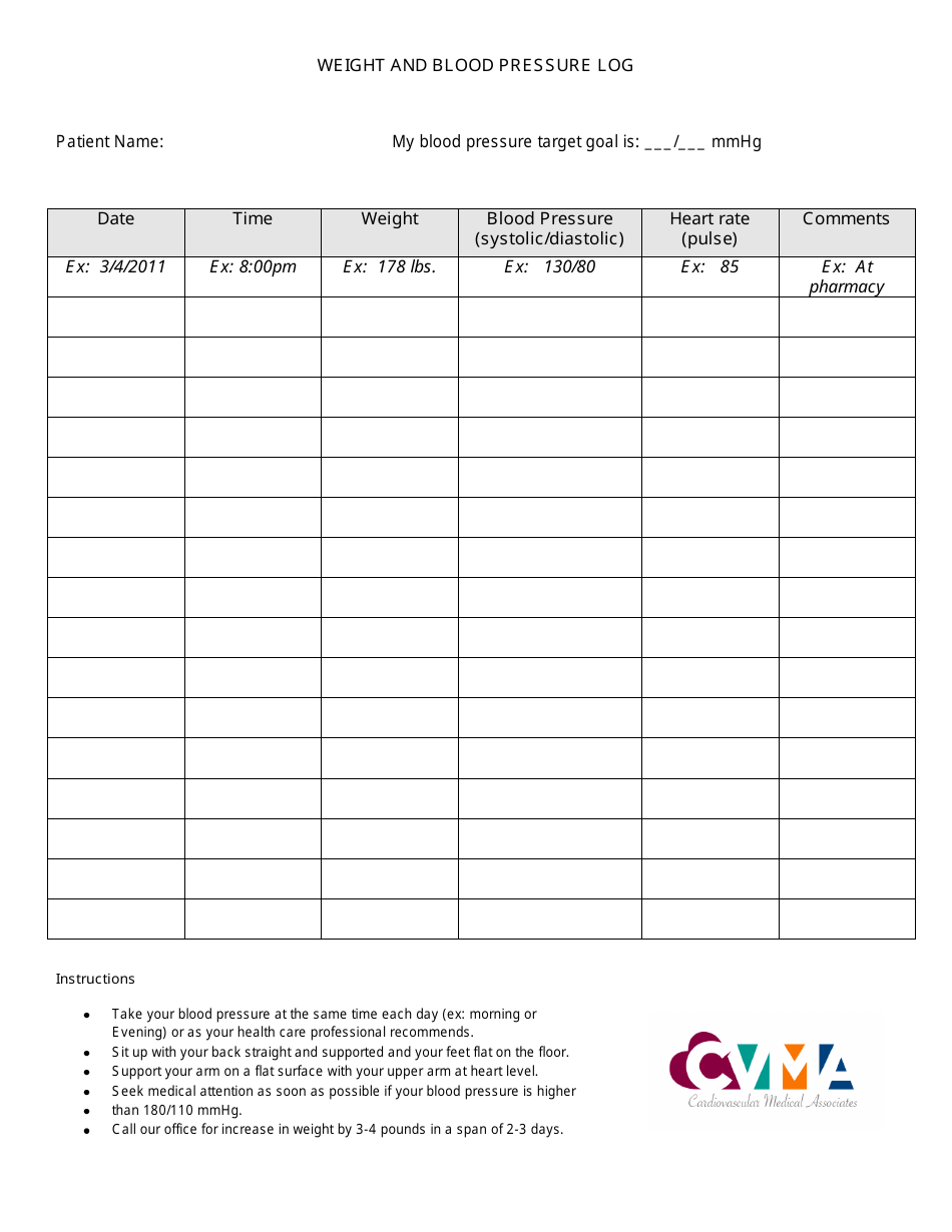 Weight and Blood Pressure Log Download Printable PDF | Templateroller
