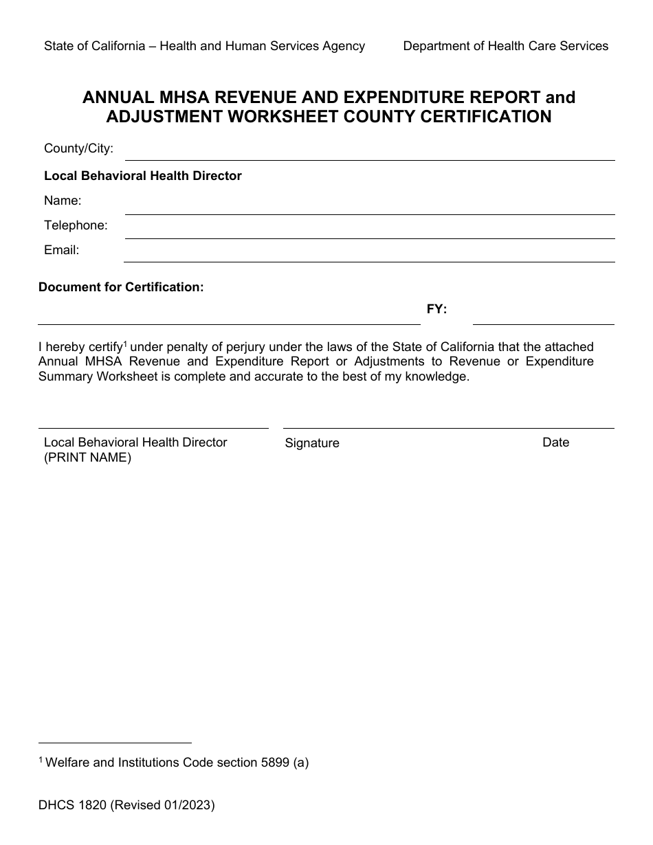 Form DHCS1820 Download Fillable PDF or Fill Online Annual MHSA Revenue ...