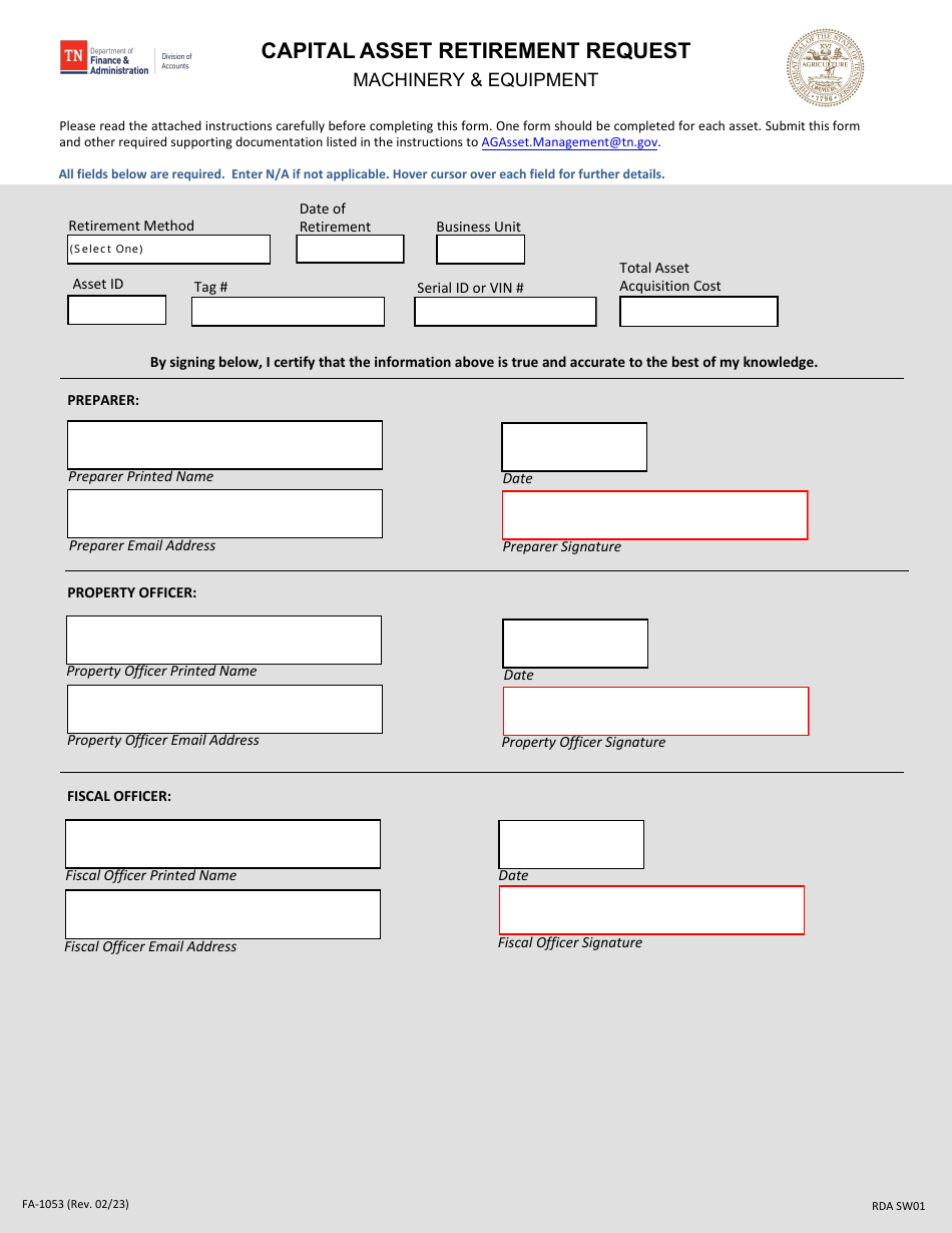 Form FA-1053 - Fill Out, Sign Online and Download Fillable PDF, Tennessee | Templateroller
